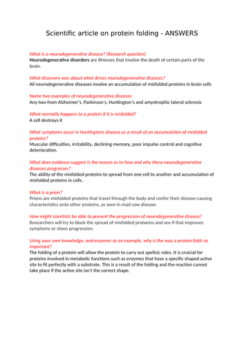 Protein Scientific article and questions activity (Biomolecules) - A ...