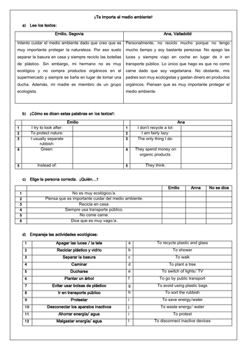 GCSE Spanish Environment: el medio ambiente reading comprehension ...