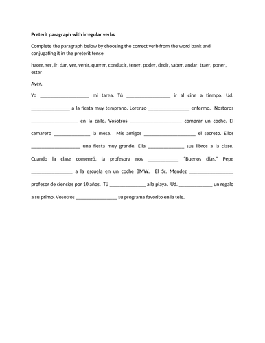 Irregular preterit paragraph | Teaching Resources
