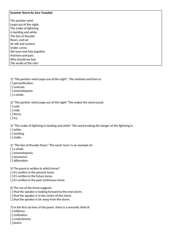 Poetry Sara Teasdale "Summer Storm" Love Personification HW Multiple ...