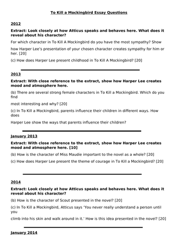 To Kill a Mockingbird Essay Questions | Teaching Resources