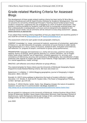 Grade-related Marking Criteria for Assessed Blogs | Teaching Resources