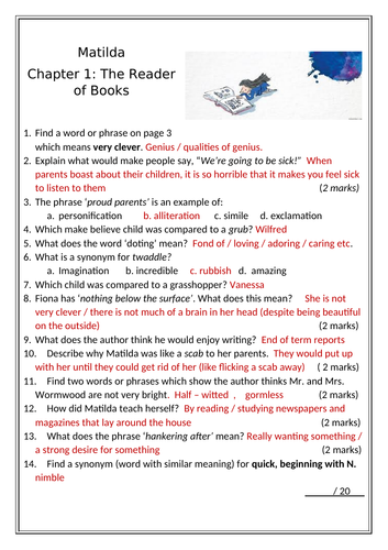 Matilda Class and Home Learning Literacy Pack for Years 5 and 6 ...