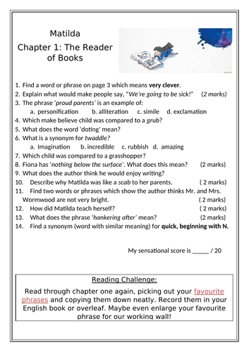 Matilda Class and Home Learning Literacy Pack for Years 5 and 6 ...