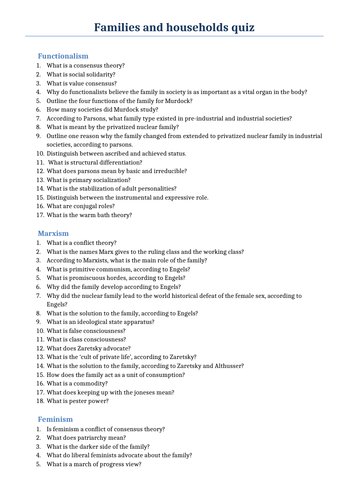 317 A Level Sociology Families & Households Quiz questions | Teaching ...