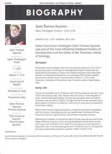 Saint Thomas Aquinas (c.1225-1274) | Teaching Resources