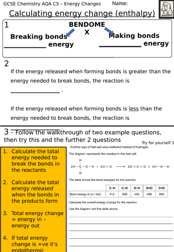 Enthalphy Energy Calculations worksheet - C5 AQA GCSE Chemistry (Energy ...