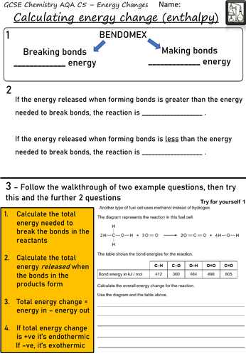 Enthalphy Energy Calculations worksheet - C5 AQA GCSE Chemistry (Energy ...