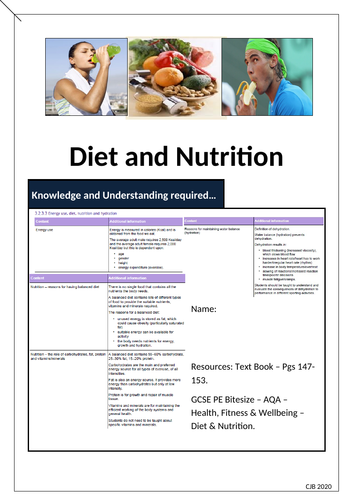AQA GCSE PE - ILT2 - Diet & Nutrition | Teaching Resources