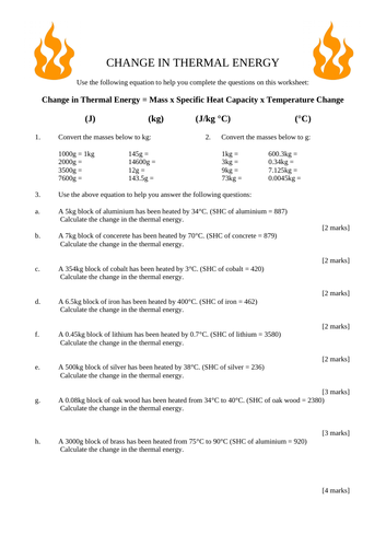 Change in Thermal Energy Calculation Worksheet with Answers - GCSE ...