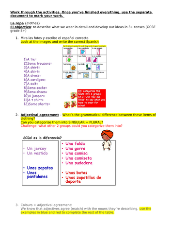 KS3 Spanish - La Ropa - Full set of activities for remote/ virtual ...