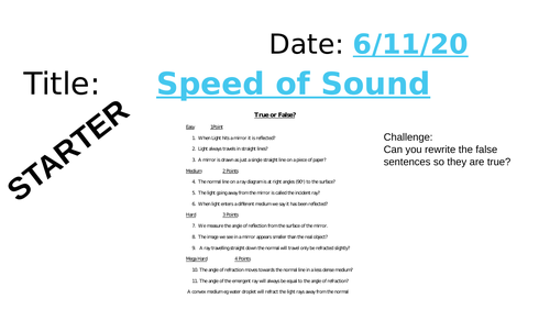 BEST Waves Lesson 7 - Speed of Sound | Teaching Resources