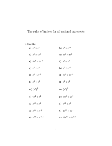 The rules of indices for all rational exponents worksheet (with ...