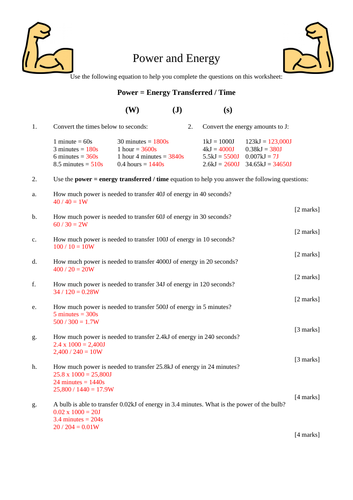 Power and Energy Transferred Calculations Worksheet with Answers - GCSE ...