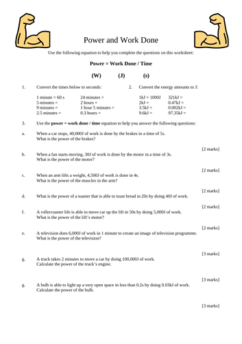 Power and Work Done Calculations Worksheet with Answers - GCSE ...