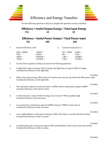 Efficiency Calculations Worksheet with Answers - GCSE Physics Paper 1 ...