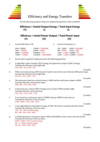 Efficiency Calculations Worksheet with Answers - GCSE Physics Paper 1 ...