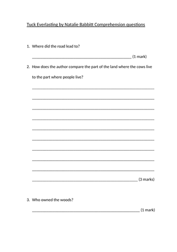 Tuck Everlasting by Natalie Babbitt Comprehension questions | Teaching ...