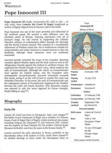 Pope Innocent 111 (1160/1-1216) | Teaching Resources