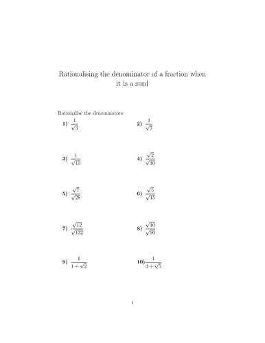 Rationalising the denominator of a fraction when it is a surd worksheet ...