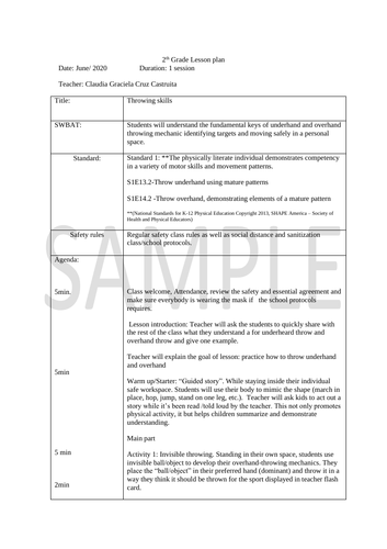 Primary face to face social distance class lesson plan sample ...