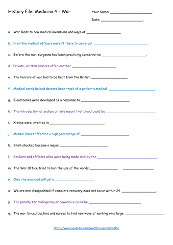 History File: Medicine 4 - War Video Questions | Teaching Resources