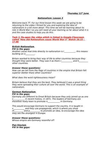 Lockdown Worksheets: How did Nationalism cause World War I? | Teaching ...
