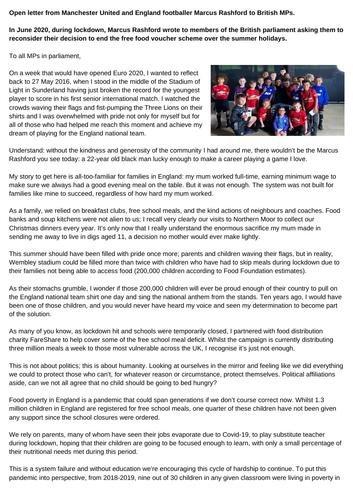 NEW English Language Paper 2 - Marcus Rashford Letter | Teaching Resources