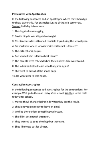 Apostrophes Information Sheet And Worksheets | Teaching Resources