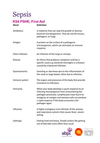 KS4 sepsis lesson plan (PSHE, First aid) | Teaching Resources