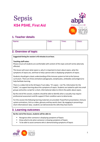 KS4 sepsis lesson plan (PSHE, First aid) | Teaching Resources