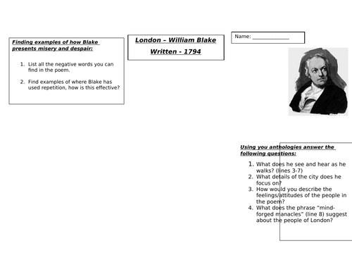 'London' William Blake Worksheet | Teaching Resources