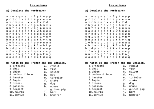 French Pets (worksheet and wordsearch) | Teaching Resources