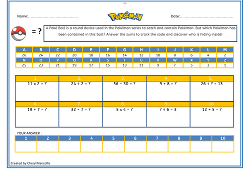 Pokemon Arithmetic Challenge | Teaching Resources