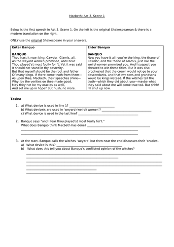 Macbeth - Act 3 Scene 1 - Exam Question and Analysis for LA | Teaching ...