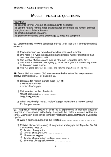 Moles - practice questions (GSCE) - PDF version | Teaching Resources