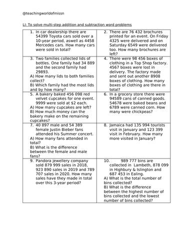 Year 5 Addition & Subtraction Multi-Step Word Problems | Teaching Resources Year 5 Addition & Subtraction Multi-Step Word Problems | Teaching Resources
