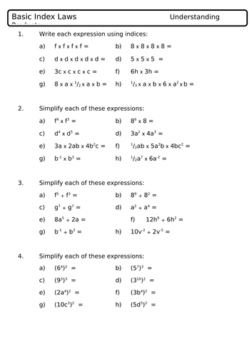 Index Laws: multiplying,dividing,brackets | Teaching Resources