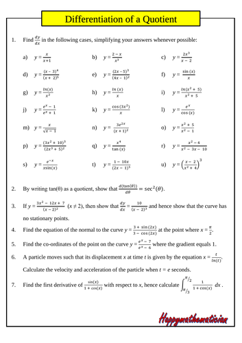 Differentiation Using The Quotient Rule | Teaching Resources