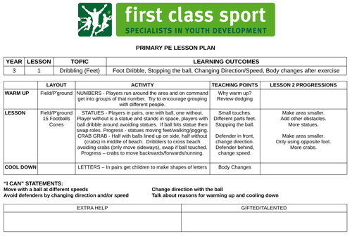 KS2 PE Plans - Year 3 - Football x 4 Plans (Dribbling, Sending ...