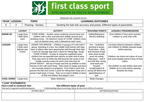 KS2 PE Plans - Year 3 - Hockey x 4 Plans (Dribbling, Passing, Stopping ...