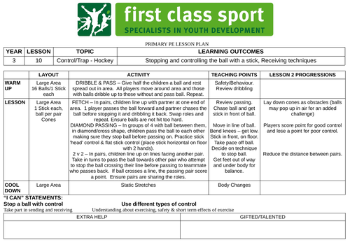 KS2 PE Plans - Year 3 - Hockey x 4 Plans (Dribbling, Passing, Stopping ...