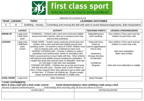 KS2 PE Plans - Year 3 - Hockey x 4 Plans (Dribbling, Passing, Stopping ...