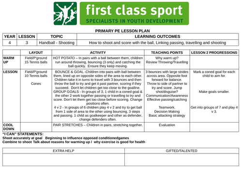 KS2 PE Plans - Year 4 - Handball x 3 Plans (Passing, Travelling ...