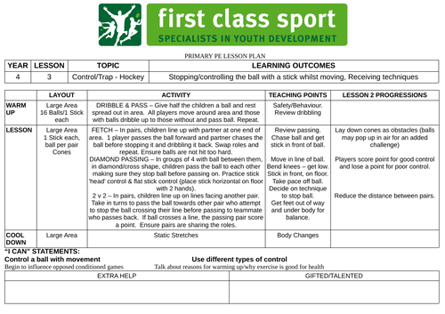 KS2 PE Plans - Year 4 - Hockey x 4 Plans (Dribbling, Passing, Stopping ...