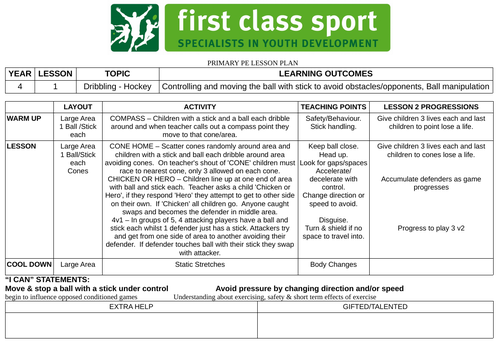 KS2 PE Plans - Year 4 - Hockey x 4 Plans (Dribbling, Passing, Stopping ...
