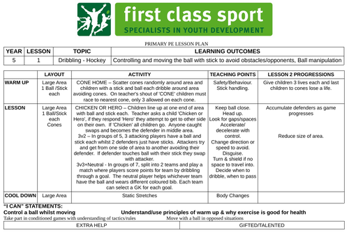 KS2 PE Plans - Year 5 - Hockey x 3 Plans (Dribbling, Passing, Stopping ...