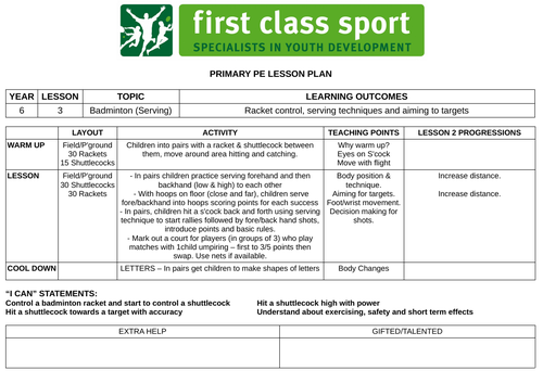 KS2 PE Plans - Year 6 - Badminton x 3 Plans (Forehand, Backhand ...