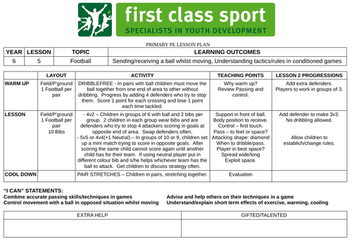 KS2 PE Plans - Year 6 - Football x 4 Plans (Dribbling, Sending ...