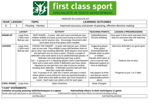 KS2 PE Plans - Year 6 - Hockey x 3 Plans (Dribbling, Passing, Stopping ...